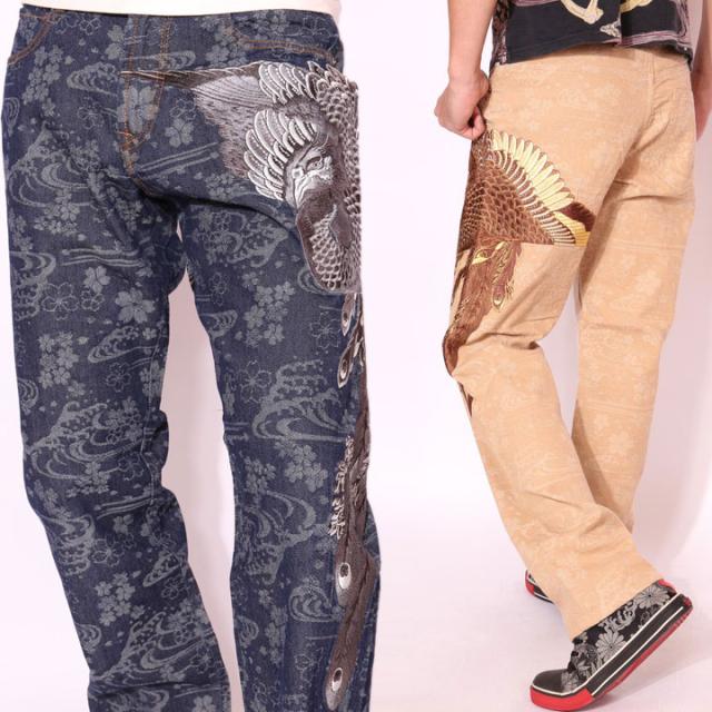 花旅楽団スクリプト 鳳凰刺繍 和柄 流水桜ジャガードデニム(SP-550)SCRIPT ジーンズ ボトムス【JISHA】