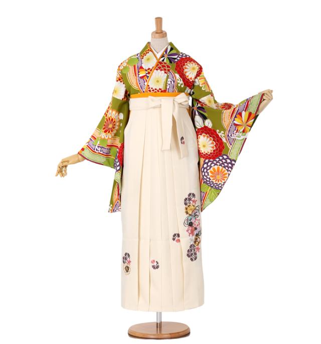 往復送料無料 全部揃って安心 大学 高校 小学生  2泊3日 卒業式袴 レンタル セット 鶯色地 No.FE-0039-L