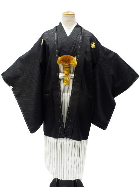 往復送料無料 全部揃って安心 レンタル 小学生 卒業式 袴 卒業式袴セット 男児 黒 シルバー紋付 男の子 小学校 卒業式 着物　着物 黒no7