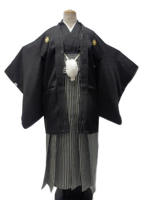 往復送料無料 全部揃って安心 レンタル 小学生 卒業式 袴 卒業式袴セット 男児 黒 縞紋付 男の子 小学校 卒業式 着物　着物 黒no6
