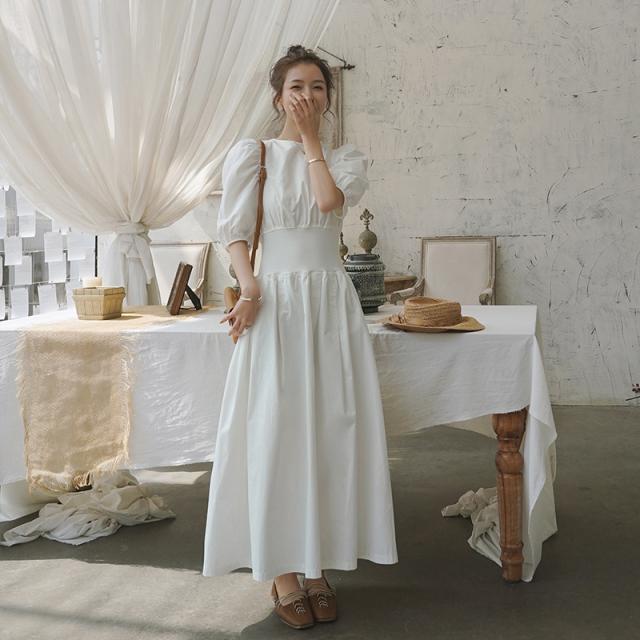 ロング ワンピース 送料無料 個性 5分袖 パフスリーブ クルーネック ウエストマーク フレア かわいい 大人可愛い きれいめ シンプル カジュアル 上品 おしゃれ 存在感 主役級 抜け感 こなれ感 とろみ感 無地 夏 レディース ママ OL 学生