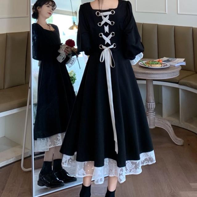 フレア ワンピース 送料無料 個性的 ミモレ リボン 長袖 キャンディスリーブ レース バックシャン ロリータ かわいい かっこいい 大人可愛い きれいめ シンプル カジュアル 上品 おしゃれ こなれ感 主役級 存在感 シーズンレス レディース