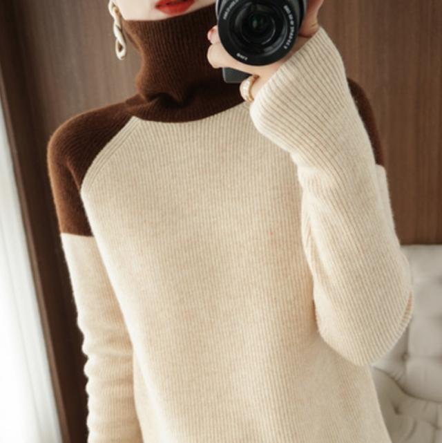 トップス リブニット 送料無料 個性 長袖 ハイネック タートル プルオーバー バイカラー かわいい 大人可愛い きれいめ 上品 シンプル カジュアル おしゃれ 主役級 存在感 抜け感 こなれ感 ガーリー 冬 レトロ レディース ママ OL 学生_