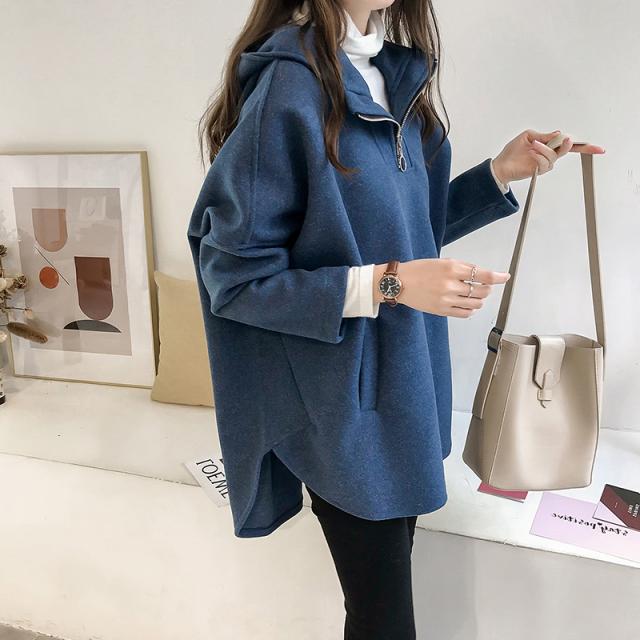 トップス プルオーバー パーカー ロング丈 袖あり 長袖 ドロップショルダー ワイド アシンメトリー フード付き ハーフジップ ポケット 厚手 大人可愛い シンプル カジュアル 大人 お洒落 大人女子 こなれ感 ラフ 個性的 主役級 抜け感 無地 春 秋 冬 20代 30代 40代 ママ 学生