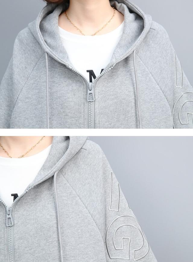 オーバーサイズ 袖ロゴ刺しゅう ジップアップ フーディジャケット