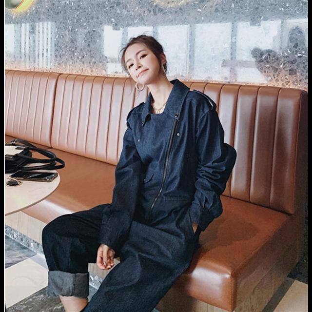 デニム ジャンプスーツ セットアップ オールインワン ロング丈 袖あり