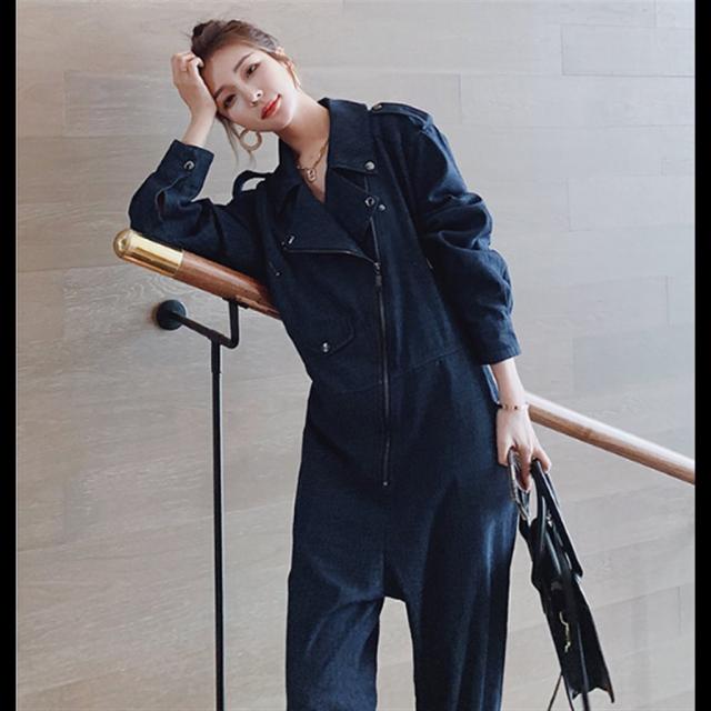 デニム ジャンプスーツ セットアップ オールインワン ロング丈 袖あり