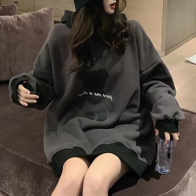 パーカー トップス 配色スウェットパーカー レディース オーバースウェットパーカー スウェット フード付き トレーナー チュニック フーディ プリント バイカラー 長袖 ドロップショルダー ビッグシルエット 灰色 グレー オシャレ シンプル 可愛い キレイめ 上品 フェミニン
