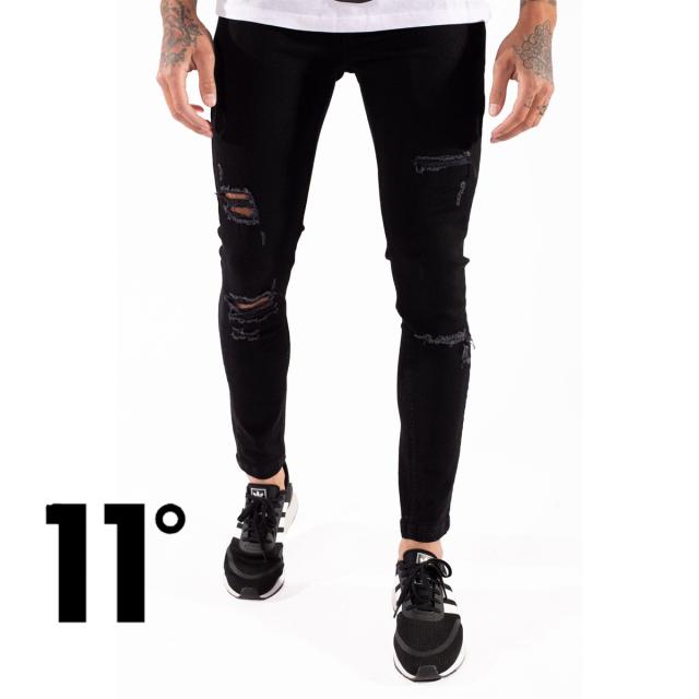 イレブンディグリーズ 11Degrees ダメージジーンズ Sustainable Distressed Jeans Skinny Fit ジェットブラックウォッシュ ストレッチ デニム パンツ メンズ[衣類]