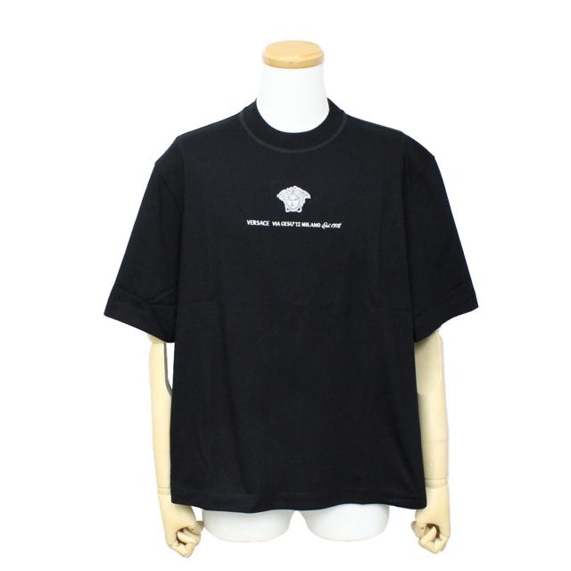 ヴェルサーチェ Versace Tシャツ 半袖 トップス 刺繍入り メドゥーサ ミラノ 1015738-1A11054-1B000 メンズ ブラック ブランド おしゃれ