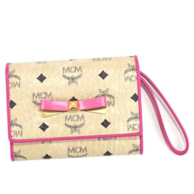 MCM エムシーエム 名刺入れ MYS7SLL07 CARD CASE WITH WRISTLET ストラップ付 リボン カードケース BEIGE IG001 ベージュ+ピンク