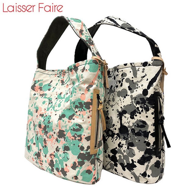 正規品 メンズ レディース ポイント10倍  通勤 通学 記念日 冠婚葬祭 ホワイトデー Laisser Faire レッセフェール 日本製 クレイ ドリッピングプリント綿×牛革ハンドバッグ 520124 lily19