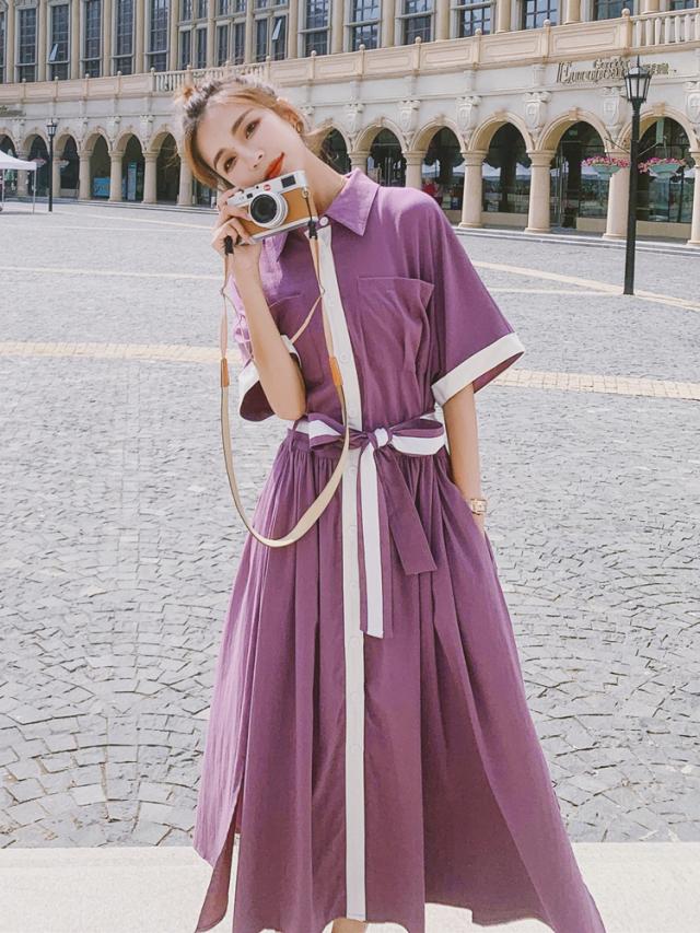 レディース ワンピース 人気 通販 マキシ丈 シャツワンピ 半袖 バイカラー ロング 個性的 襟付き 袖あり ボタン ハイウエスト 腰ひも ウエストリボン 結び ポケット付き Aライン スリット 無地 シンプル 大人女子 大人 可愛い フェミニン 通勤 通学 女子会 お出かけ デート