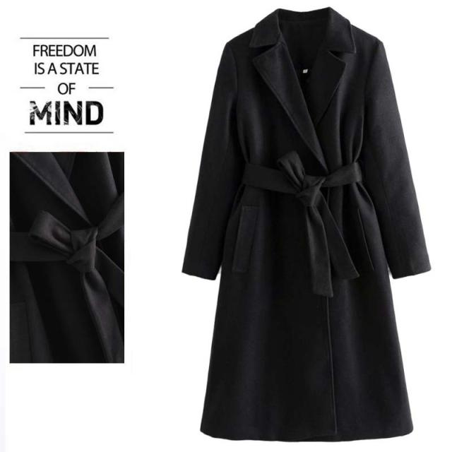 ガウンコート レディース アウター ミモレ丈 ロング丈 膝下 袖あり 長袖 テーラードカラー Vネック リボンベルト ウエストマーク 前開き ウール ゆったり 体型 カバー きれいめ シンプル おしゃれ 大人女子 上品 エレガント 無地 秋 冬 OL 通勤 学生 お出かけ お呼ばれ 黒