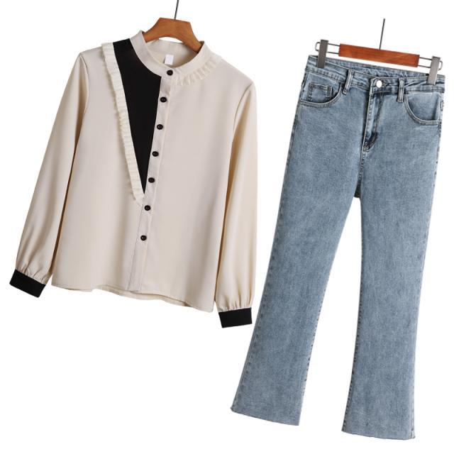 セットアップ 上下 2点セット レディース ブラウス × デニム トップス シャツ アシンメトリー 片側配色ヨーク プリーツフリル 前開き 長袖 バイカラー ボトムス ジーンズ Gパン 裾カットアウト ヴィンテージ風 色落ち シンプル カジュアル おしゃれ 大人 着回し お出かけ