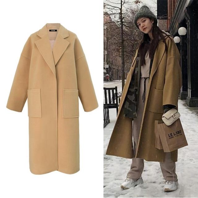 チェスター コート レディース キャメル アウター ロング丈 ウール ゆったり 着痩せ ゆる オーバーシルエット ルーズ 襟付き 長袖 ポケット付き ドロップショルダー スリット 韓国 オルチャン 大人 かわいい マニッシュ 通勤 オフィス 通学 学生 普段使い デート お出かけ