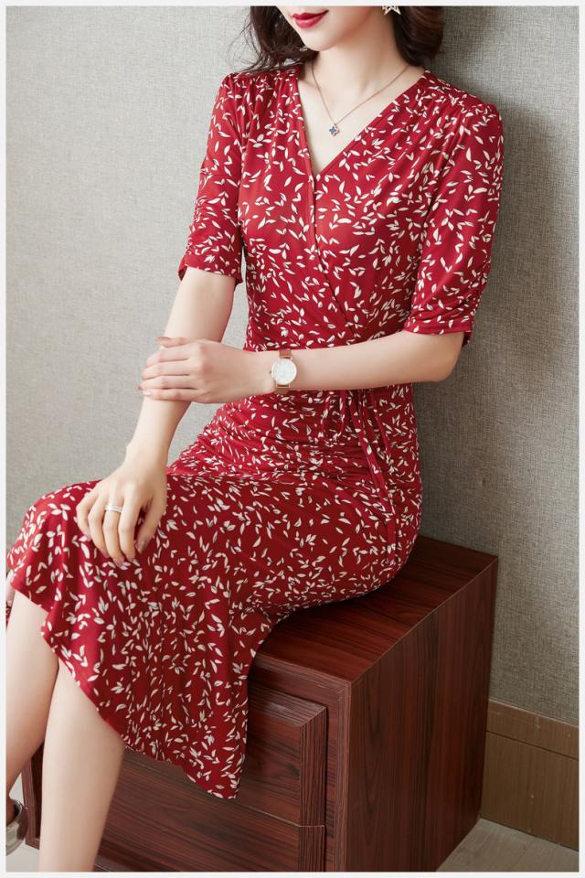 イブニング ドレス レディース Vネック 花柄 スリム 薄手 ロング丈 スカート レトロ きれいめ 可愛い シンプル カジュアル  上品 お出かけ デート パーティー イベント リゾート 旅行 エレガント モダン 存在感 フォーマル 袖あり 膝下 花柄 セミフレア マーメイド ふんわり