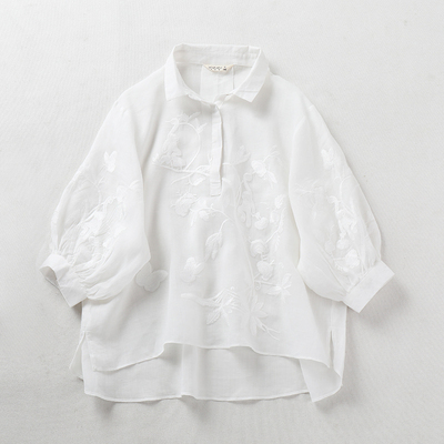 トップス ブラウス レディース カジュアル ファッション シャツ 花柄 七分袖 ボリューム 襟付き ワイド刺繍 麻 リネン 薄手 シンプル エスニック 大人 お洒落 可愛い アジアン ラフ ゆったり 着回し お出かけ 春 夏 秋 フリーサイズ 白 赤 黄 黒