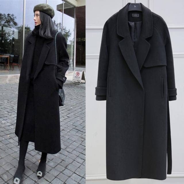 ウールコート レディース  黒 アウター レディース かわいい ロング  ロング丈 襟付き スーツ襟 シンプル ベルト付き ウエストマーク 長袖 袖あり ポケット付  シック 大人 上品 エレガント カジュアル ゆったり 大人女子 大人 かわいい おしゃれ 仕事 通勤 通学 学生 韓国