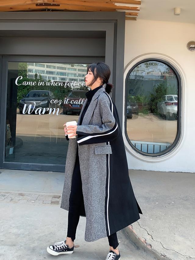 レディース アウター ロング コート 人気 通販 おすすめ 千鳥格子 個性的 デザイン コントラストカラー ミディアム ルーズ ゆったり 襟付き スーツ襟 フロントボタン ポケット マニッシュ 大人 おしゃれ レトロ かわいい 大人 大人 魅せ 上品 存在感 主役級 通勤 お出かけ 冬