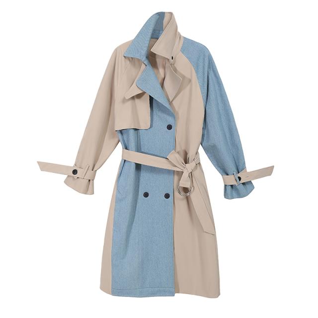アウター トレンチコート デニム 異素材MIX ミドル丈 ダブルブレスト ロング コート ツートン ウエストマーク ウエストベルト 襟付き フロントボタン ポケット付き 大人 カジュアル 個性的 主役級 おしゃれ お洒落 デザイン 通勤 通学 学生 お出かけ デート 旅行 女子会 普段