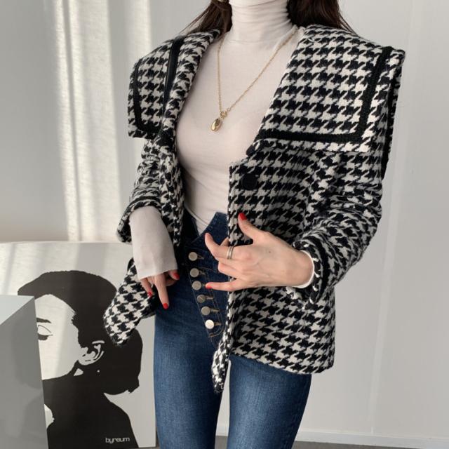ショート コート レディース 冬 黒 千鳥格子 柄 アウター 上着 長袖 Vネック ビッグカラー 襟付き 前開き ボタン 大人 可愛い フェミニン カジュアル 上品 おしゃれ レトロ 個性的 クール エレガント モダン ビジネス OL 通勤 デート お出かけ 女子会 旅行 クリスマス 韓国