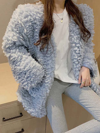 ボア コート レディース アウター 長袖 ノーカラー ショート丈 お尻 隠れる もこもこ ふわふわ 前開き 大人 可愛い シンプル カジュアル お洒落 ラブリー キュート ガーリー 2XL レイクブルー ライトカード 秋 冬 OL 通勤 学生 通学 デート お出かけ 女子会 休日 着回し