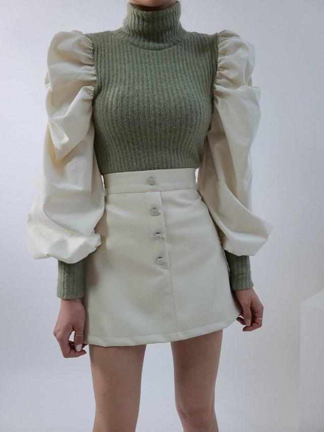 トップス セーター パワーショルダー レディース ドッキング ニット ウール 袖口 長袖 パフスリーブ ボリューム ハイネック フィット 暖かい 大人 可愛い 女子 シンプル カジュアル お洒落 こなれ感 個性的 黒 緑 学生 通学 通勤 韓国 韓国系 オルチャン デート 着回し