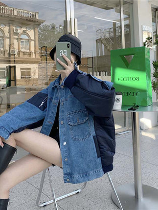 デニム MA-1 ジャケット レディース 秋 冬 アウター 長袖 襟付き ドッキング ファスナー 前開き シンプル カジュアル お洒落 かっこいい こなれ感 ラフ メンズライク 個性的 無地 ゆったり ルーズ 学生 通学 デート お出かけ 女子会 休日 着回し 普段使い 大きいサイズ 2XL