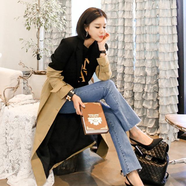 コントラストカラートレンチコート アウター コート ジャケット 膝丈 ひざ丈 袖あり 長袖 襟付き ベルト ウエストマーク きれいめ シンプル カジュアル 大人 上品 おしゃれ 無地 秋 レディース  ビジネス OL 普段使い S M L XL 黒 ブラック 茶色 ブラウン