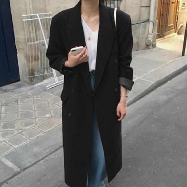 ロングコート レディース ロング丈 春 秋 アウター ジャケット コート ロングジャケット 暖かい 長袖 Vネック 襟付き 前開き ダブル ボタン 大人 可愛い きれいめ シンプル カジュアル お洒落 こなれ感 無地 OL 通勤 学生 通学 デート お出かけ 着回し 韓国 黒 ブラック