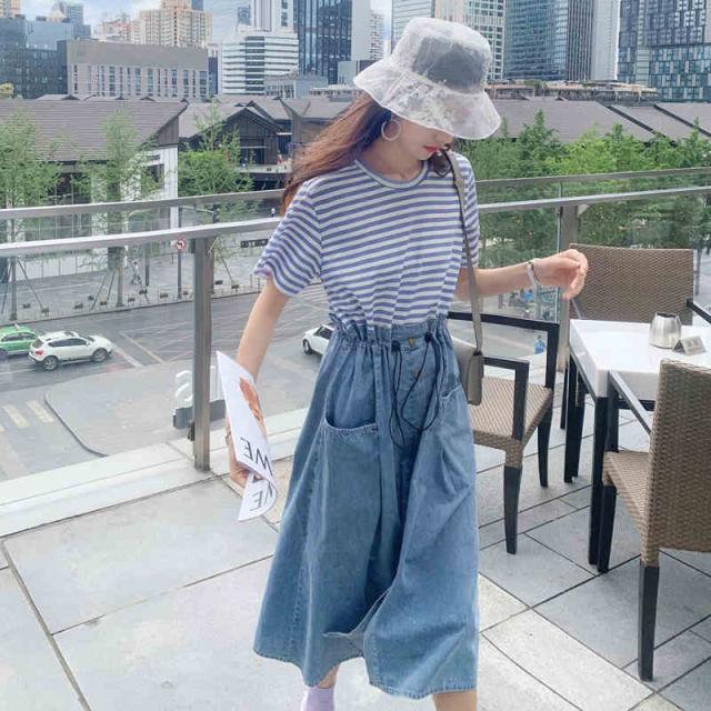 レディース ワンピース 人気 ドッキング  Tシャツ ストライプ ボーダー柄 デニム スカート サマー コーデ 半袖 袖あり ラウンドネック カジュアル ゴム ポケット付き Aライン ロング ミモレ丈 大人 かわいい おしゃれ 主役級 通勤 通学 学生 お出かけ デート お出かけ