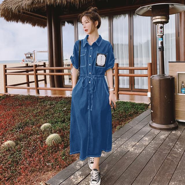 レディース ワンピース 人気 ミモレ丈 デニム  ロング ハイウエスト パッチワーク ウエストマーク リボン結び フロントボタン 襟付き ポケット付き 半袖 袖あり 無地 シンプル 綿 コットン カジュアル おしゃれ 大人 かわいい カジュアル 通勤 通学 学生 デートお出かけ 旅行