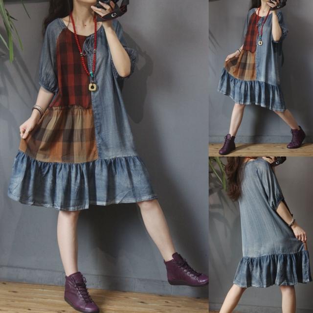 ワンピース レディース 人気 通販 ラウンドネック 個性的 袖あり 半袖 袖ゴム デニム チェック柄 パッチワーク レトロ ヴィンテージ柄 裾フレア ゆったり ルーズ 膝丈 ひざ丈 ウォッシュデニム おしゃれ  デザイン 大人 かわいい カジュアル 女の子 通勤 通学 学生 デート