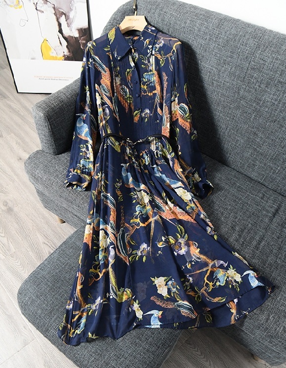 ワンピース レディース シャツワンピ シルク ロング プリーツ ゆったり ルーズ 長袖 袖あり 襟付き フロントボタン 花柄 個性的 主役級 存在感 ジッパー ファスナー ベルト付き インナー付き キャミワンピ 3点セット スリーピース ウエストマーク お洒落 おしゃれ 大人 上品