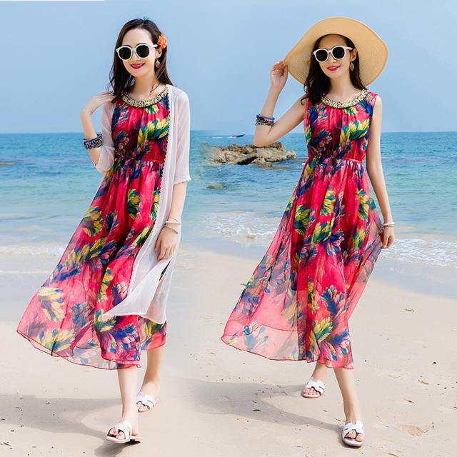 花柄 ワンピース Ａライン カーディガン レディース きれいめ 2点セット シフォン ロング丈 ラウンドネック ノースリーブ 袖なし ロゴ 刺繍 フレア ハイウエスト 切り替え ミモレ丈 トップス 羽織り 透け感 シアー 半袖 ふんわり 華やか 主役級 存在感 大人 リゾート 旅行