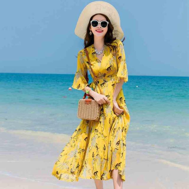 レディース  Vネック ワンピース  カシュクール 花柄 フラワー シフォン ドレス ミモレ丈 膝下 ひざ下  半袖 袖あり フレア袖 5分袖 フレア スリット ウエストリボン ウエストマーク Aライン フェミニン カジュアル 大人 女子 黄 赤 休日 デート お出かけ 旅行 バカンス 海