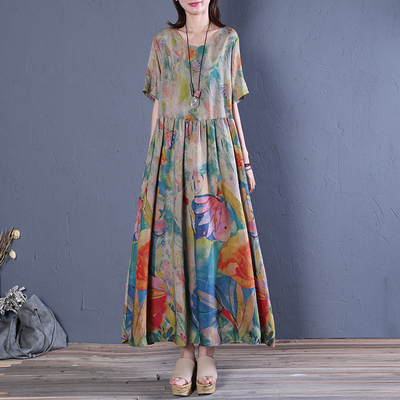 フローラル ワンピース 半袖 袖あり 花柄 ラウンドネック コットン 綿 マキシ丈 ミモレ丈 ロング Aライン ルーズウエスト ハイウエスト 切り替え ゆったり ゆる ルーズ 大きめ 体型カバー おしゃれ お洒落 大人 フェミニン 主役級 華やか レトロ プリント アート ふんわり ド