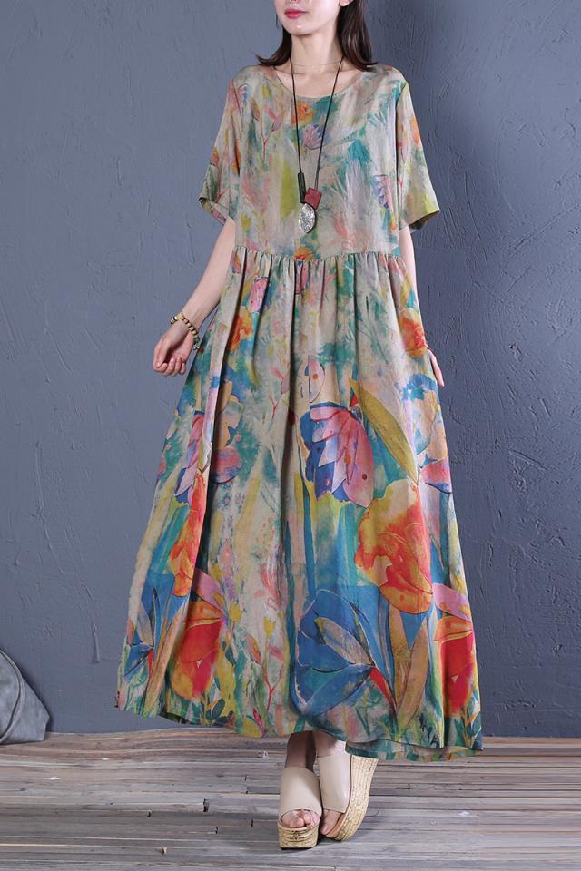 フローラル ワンピース 半袖 袖あり 花柄 ラウンドネック コットン 綿