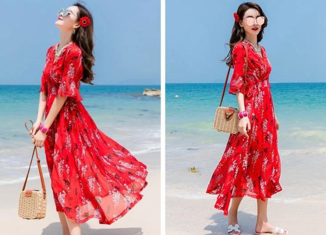 Vネックシフォンワンピース レディース フレア ドレス 膝下 ミモレ丈 ロング丈 袖あり 5分袖 五分袖 Aライン 透け感 ポリエステル かわいい 大人女子 きれいめ シンプル 上品 おしゃれ エキゾチック リゾート こなれ感 アニマル柄 花柄 小花柄 フラワープリント