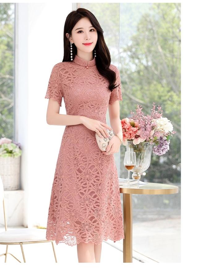 総レースチャイナ風ワンピース レディース フレア ハーフスリーブ ひざ丈 膝下 袖あり 半袖 ハイネック Aライン 透け感 ポリエステル かわいい 大人女子 きれいめ シンプル 上品 おしゃれ イベント コスプレ パーティー こなれ感 二次会 花柄 春 夏