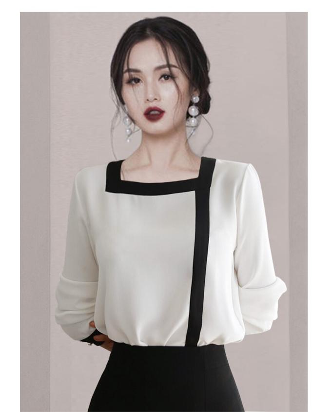 スクエアネック ブラウス 秋 レディース きれいめ おしゃれ とろみ感 無地 白 オフィス 襟なし 7分袖 フォーマル 韓国 かわいい 演奏会 入学式 バイカラー モード系 清楚 トップス 長袖 シフォン 前開き 大人 シンプル こなれ感 春 夏 OL 通勤 学生 通学 お出かけ デート XL
