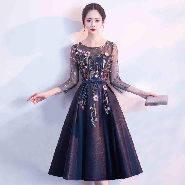 ドレス パーティー 大人 ピアノ 発表会 結婚式 キャバ 演奏会 韓国 大きいサイズ 小さいサイズ XS XL 2XL ミモレ丈 Aライン 七分袖 ラウンドネック クルーネック 切り替え デザイン フレア 春 夏 秋 冬 刺繍 透け感 シースルー かわいい シンプル おしゃれ イベント お呼ばれ