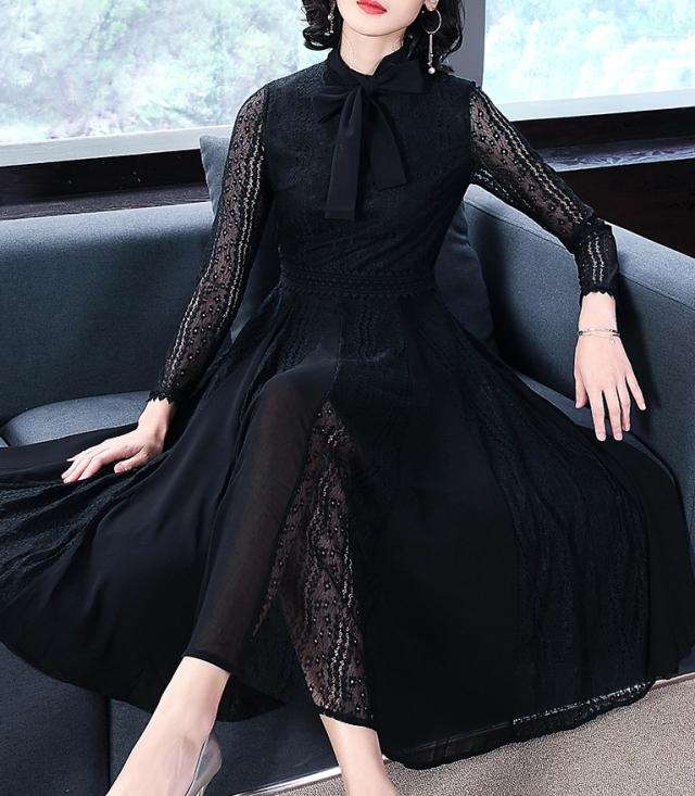 ボウタイ ワンピース 長袖 黒 ミモレ丈 レース 春 夏 秋 切り替え