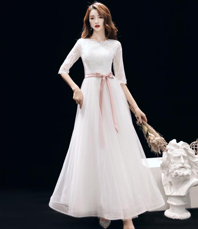 レース 切替え ロング ドレス Aライン五分袖 ラウンドネック ウエストマーク バイカラー 配色 リ ボンベルト 透け感 シアー シースルー袖 シンプル きれいめ フェミニン 上品 清楚 白 小さいサイズ 大きいサイズ XS 2XL 花嫁用 二次会 衣装 イベント 謝恩会 発表会 演奏会