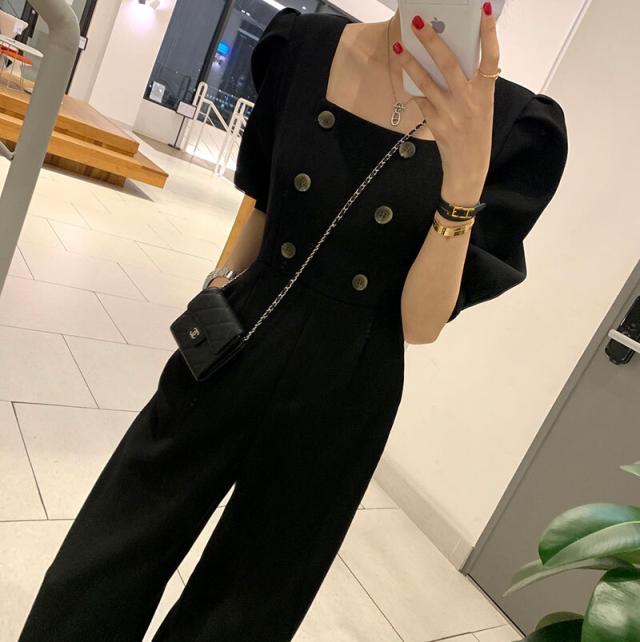 ダブルボタンオールインワン ボトムス オールインワン ロング ロング丈 袖あり 半袖 パフスリーブ スクエアネック かわいい 大人可愛い シンプル カジュアル 大人 おしゃれ お洒落 大人可愛い 大人女子 ラブリー キュート ガーリー 主役級 無地 春 夏 10代 20代 30代 レディ