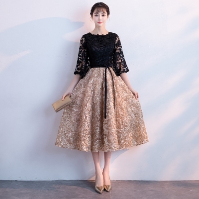 ミモレ丈 膝丈 イブニングドレス ドレス 衣装 ワンピース パーティードレス ひざ丈 ミモレ 袖あり 5分袖 フレアスリーブ ラウンドネック 襟なし Aライン ドッキング レース リボン ハイウエスト かわいい 大人可愛い きれいめ 大人 上品 おしゃれ お洒落 大人女子 主役級 エレ