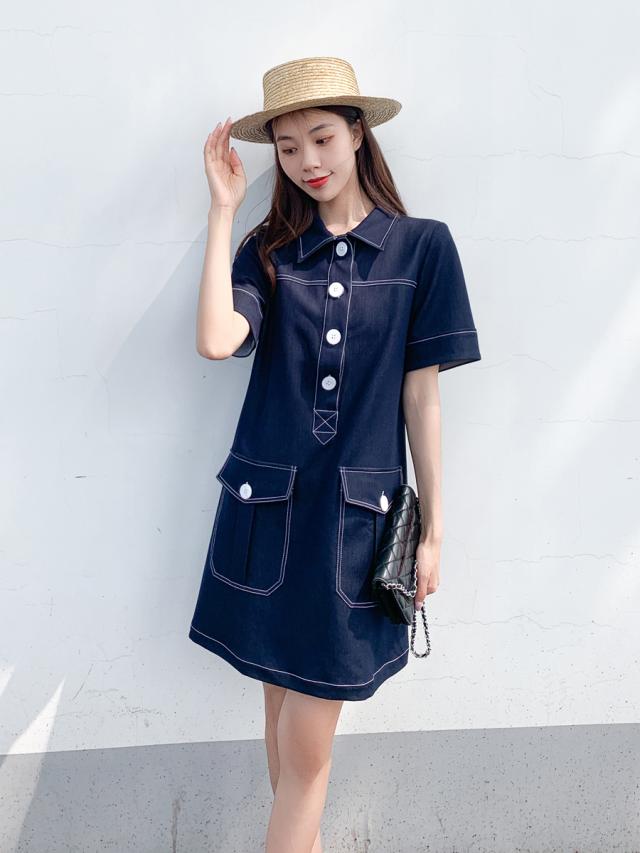 半袖デニムワンピース ワンピース フレアワンピース ミニ ミニ丈 ショート ショート丈 袖あり 半袖 襟付き フレア Aライン ポケット トロミ ポリエステル かわいい 大人可愛い きれいめ シンプル カジュアル 大人 おしゃれ お洒落 大人可愛い 大人女子 こなれ感 ラブリー キ