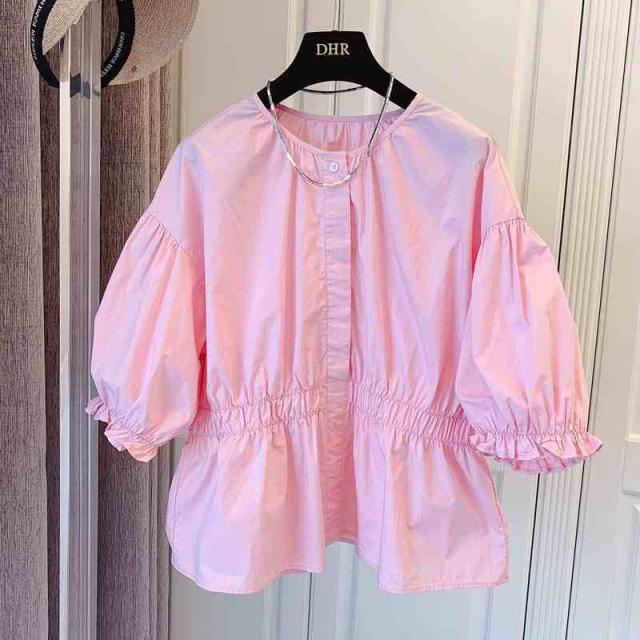 トップス 半袖 シャツ ブラウス 白シャツ ショート ショート丈 袖あり パフスリーブ ドロップショルダー ラウンドネック 襟なし ペプラム 切り替えデザイン フリル 大人可愛い シンプル カジュアル 大人 おしゃれ お洒落 大人女子 キュート ガーリー ルーズ 無地 春 夏 秋 30