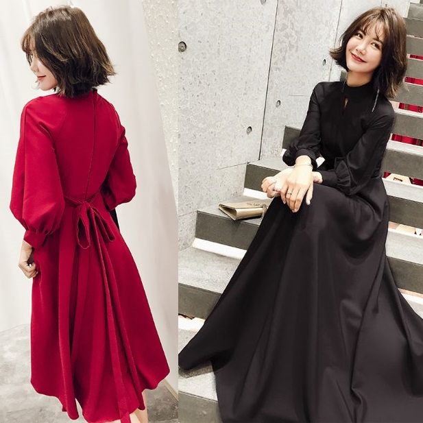 お呼ばれドレス 結婚式 パーティードレス 韓国 黒 赤 結婚式お呼ばれドレス 結婚式服装 同窓会ドレス 成人式ドレス 20代 30代 40代 50代 プチプラ 結婚式参列ドレス レディース 春 秋 冬 パフスリーブ バルーン袖 可愛い 二次会 披露宴